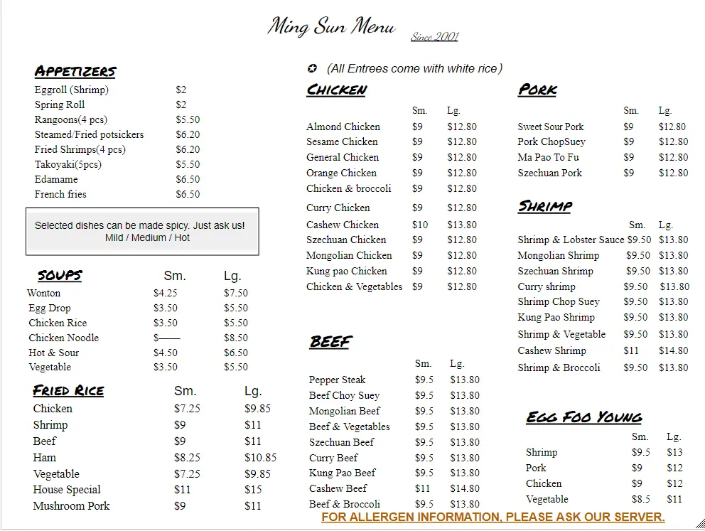 Menu - Ming Sun Chinese Restaurant
